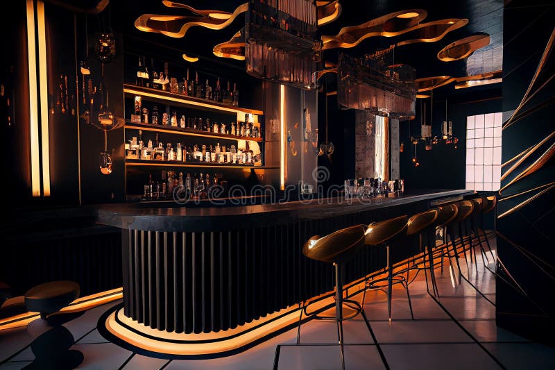 Bar Counter with Chairs in Empty Comfortable Restaurant at Night Stock ...