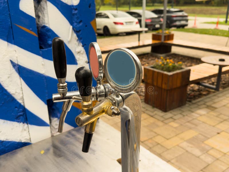 Bar Counter with Draft Beer Taps in Open-air Cafe Stock Photo - Image ...