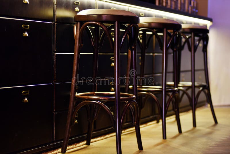 Bar Counter with High Chairs in Cozy Restaurant Stock Image - Image of ...