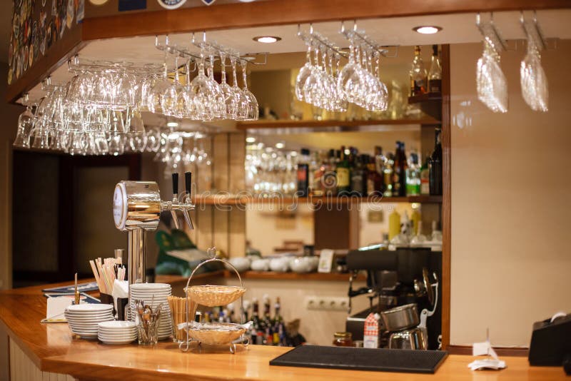 Bar Counter, Lots of Clean Dishes for Guests . Stock Photo - Image of ...