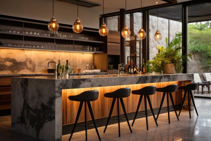 A Bar Counter in a Modern Home Kitchen Interior with Granite ...