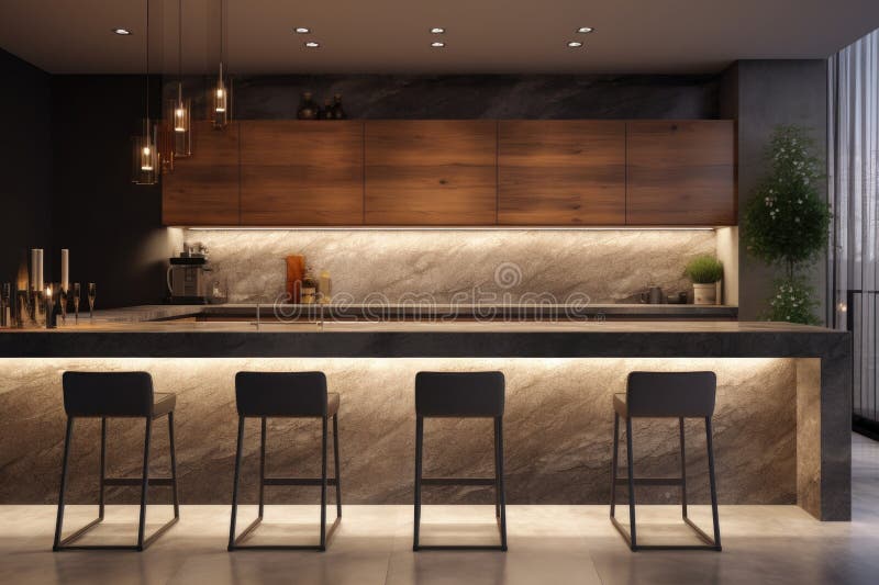 A Bar Counter in a Modern Home Kitchen Interior with Granite ...