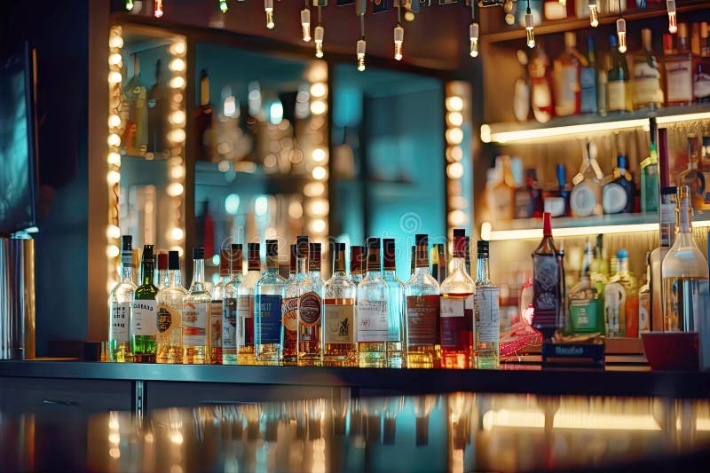 Bar Counter in the Restaurant Bar is Out of Focus with Illumination and ...