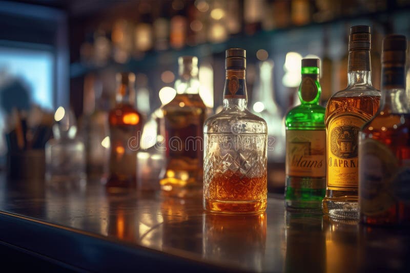 Bar Counter in the Restaurant Bar is Out of Focus with Illumination and ...