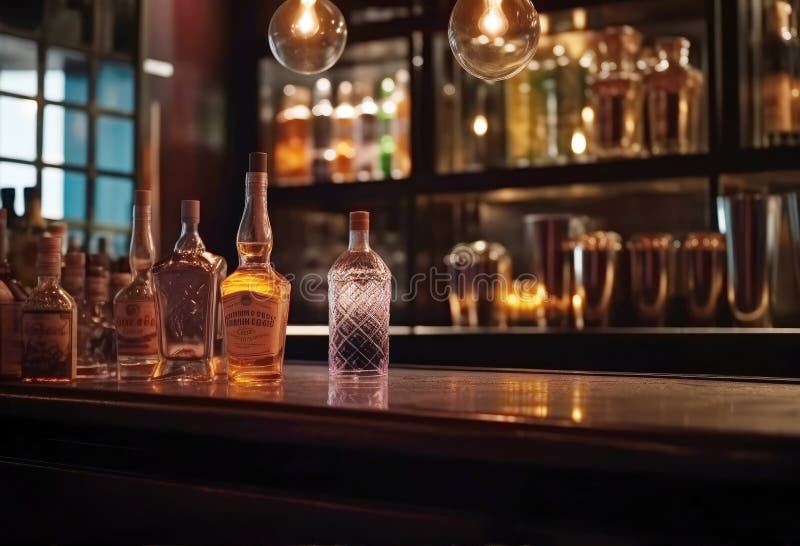 Bar Counter in the Restaurant Bar is Out of Focus with Illumination and ...