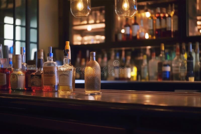 Bar Counter in the Restaurant Bar is Out of Focus with Illumination and ...