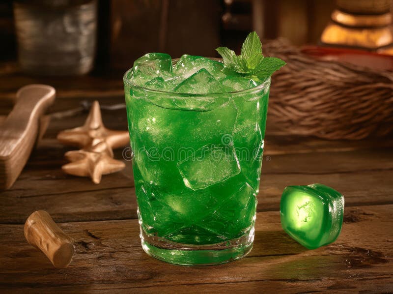 On a Bar Counter Sits a Vibrant Green Cocktail, with a Jungle-themed ...