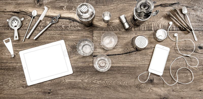 Bar Counter with Tools Accessories Devices Drink Glasses Stock Image ...