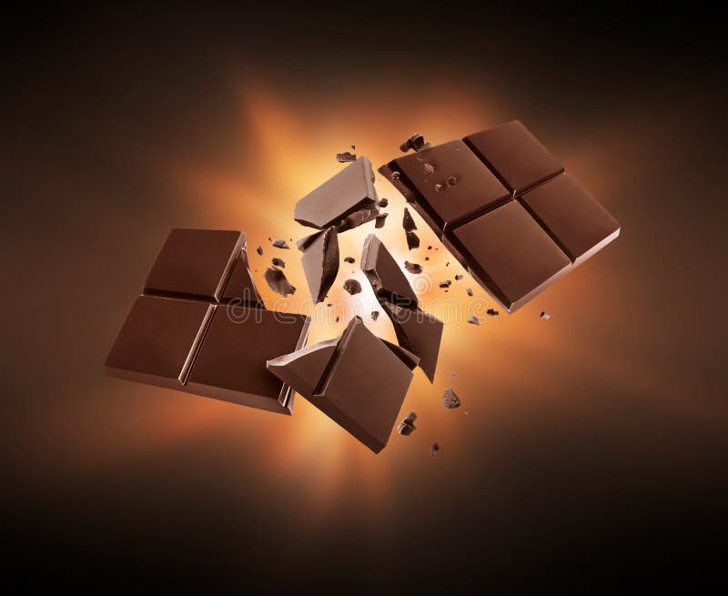 Bar of Dark Chocolate Broken into Two Halves in the Air with Flash of ...