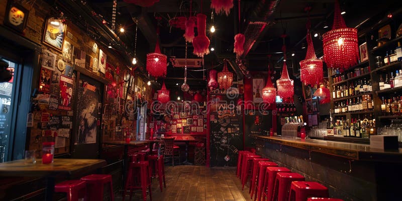 A Bar with Dim Lighting and Red Lanterns Hanging from the Ceiling Stock ...