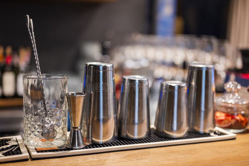 Bar Equipment on the Bar Counter, Shaker, Mixing Glass Stock Photo ...