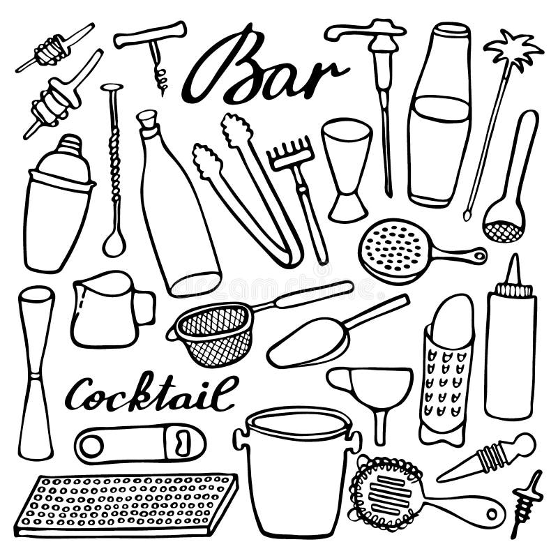 Bar Equipment Set. Hand-drawn Cartoon Collection Stock Vector ...