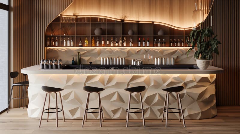 A Bar with Four Stools and a Counter with a Variety of Drinks Stock ...