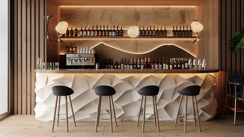 A Bar with Four Stools and a Counter with a Variety of Drinks Stock ...