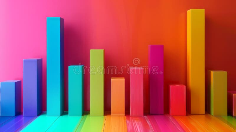 Bar Graph with Blocks on Rainbow Minimalist Background. Data Growth ...