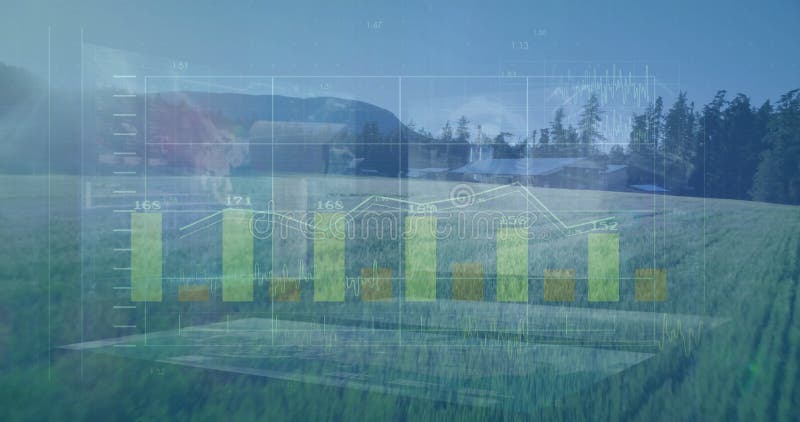 Bar Graph and Data Analysis Animation Over Scenic Rural Landscape with ...