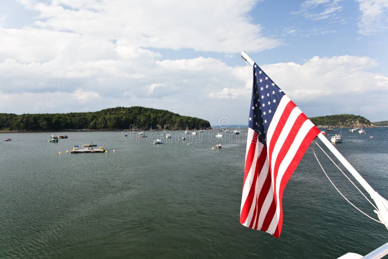 Bar Harbor View with American Flag on Foreground Stock Image - Image of ...