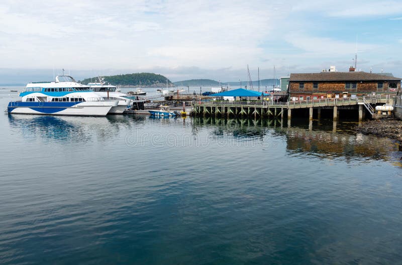 Bar Harbor bay with a boat stock photo. Image of cruiser - 193334120