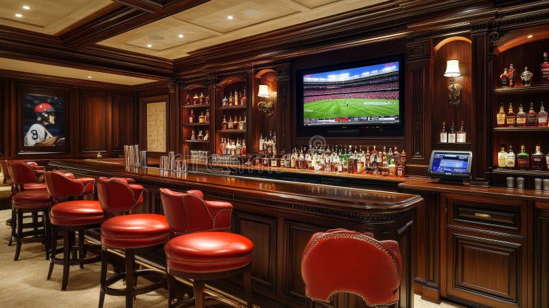 A Bar that Has Red Stools and a Television Set Up on the Wall Behind it ...