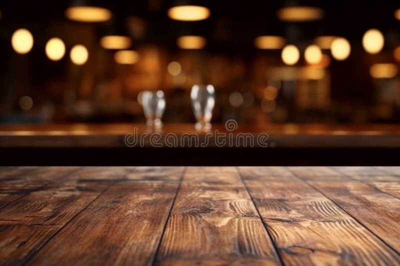 Bar Interior Creates a Mesmerizing Backdrop for the Wooden Table Stock ...