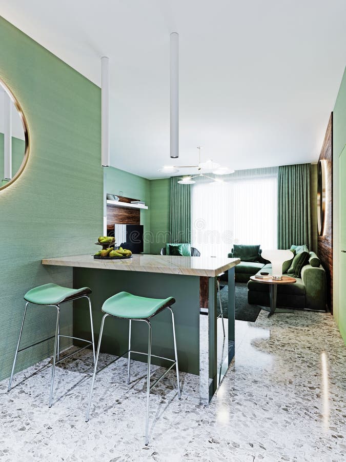 Bar Kitchen Table with Two Bar Stools, Studio Interior in Green Stock ...