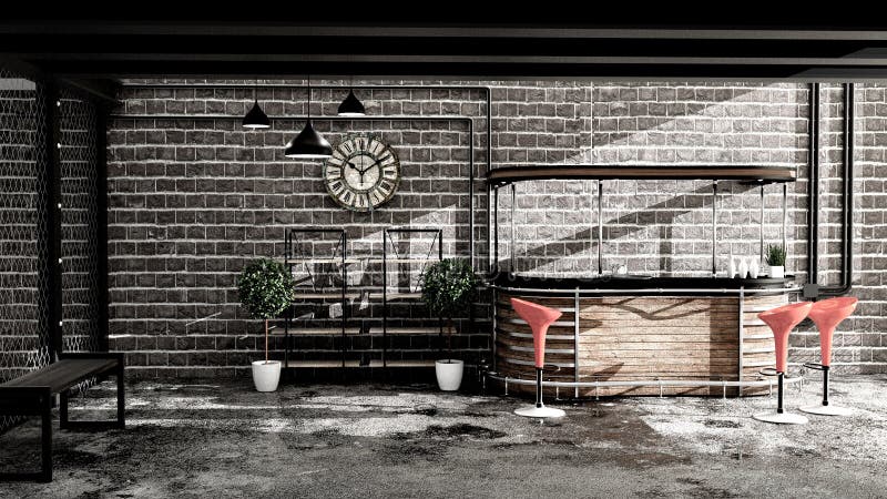 Bar Loft Style, Bar Room Interior Design. 3D Rendering Stock ...
