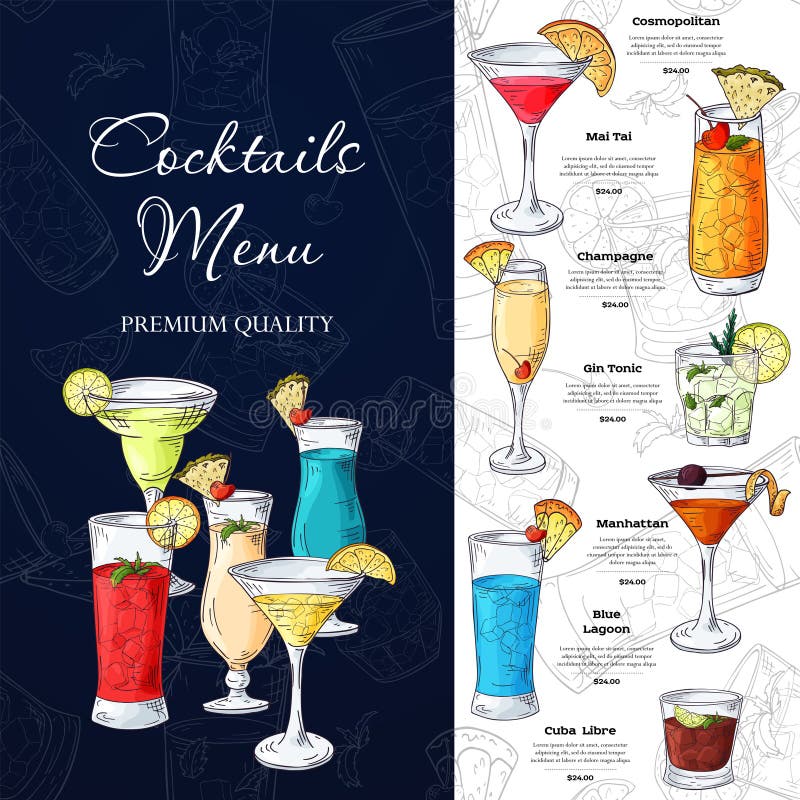 Bar Menu Design. Template for Cocktail Drinks. Brochure with Hand Drawn ...
