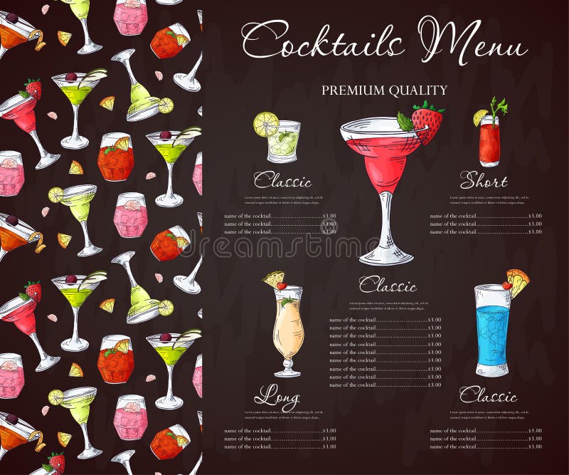 Bar Menu Design. Template for Cocktail Drinks. Brochure with Hand Drawn ...