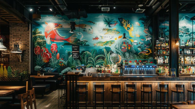Bar with Mural on Wall stock image. Image of venue, wall - 317424031