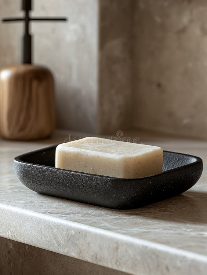A Bar of Natural Soap on a Black Soap Dish in a Bathroom. Stock Photo ...