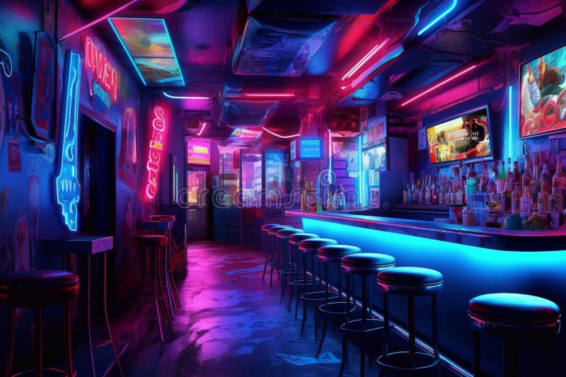 A Bar with a Neon Effect. Cafe in the Style of the 80s Stock ...