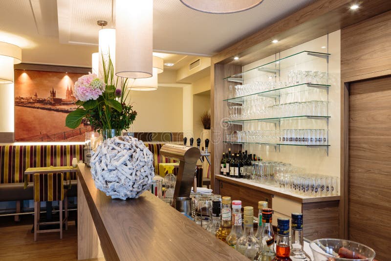Bar with a Nice Counter and Glass Shelves Stock Image - Image of hotel ...