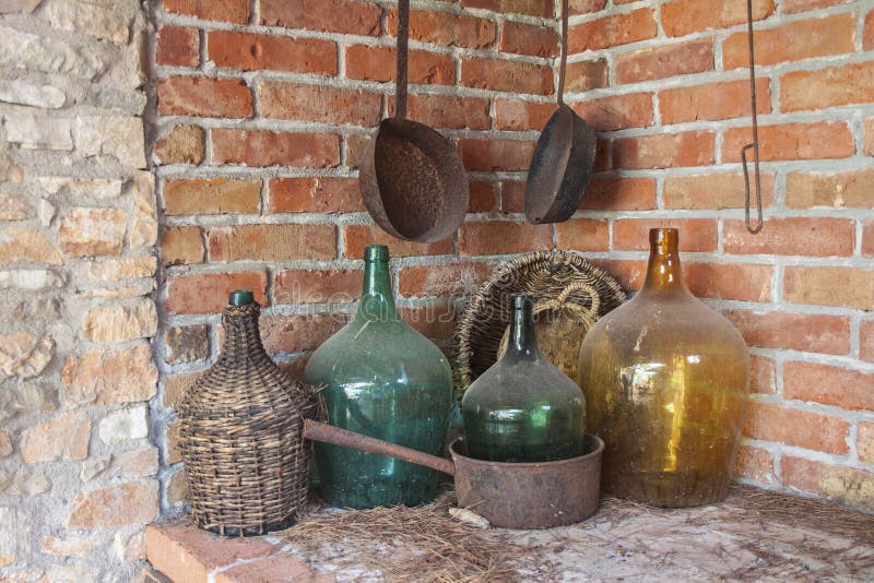 Bar with Old Dusty Bottles stock image. Image of basket - 98889059