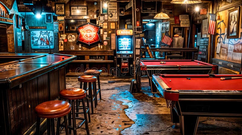 Bar with Pool Table and Several Stools and Television in the Background ...