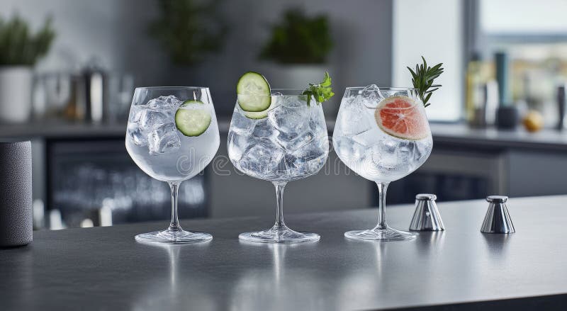 Bar or Restaurant Counter Displaying Gin Tonic Cocktails in Wine ...