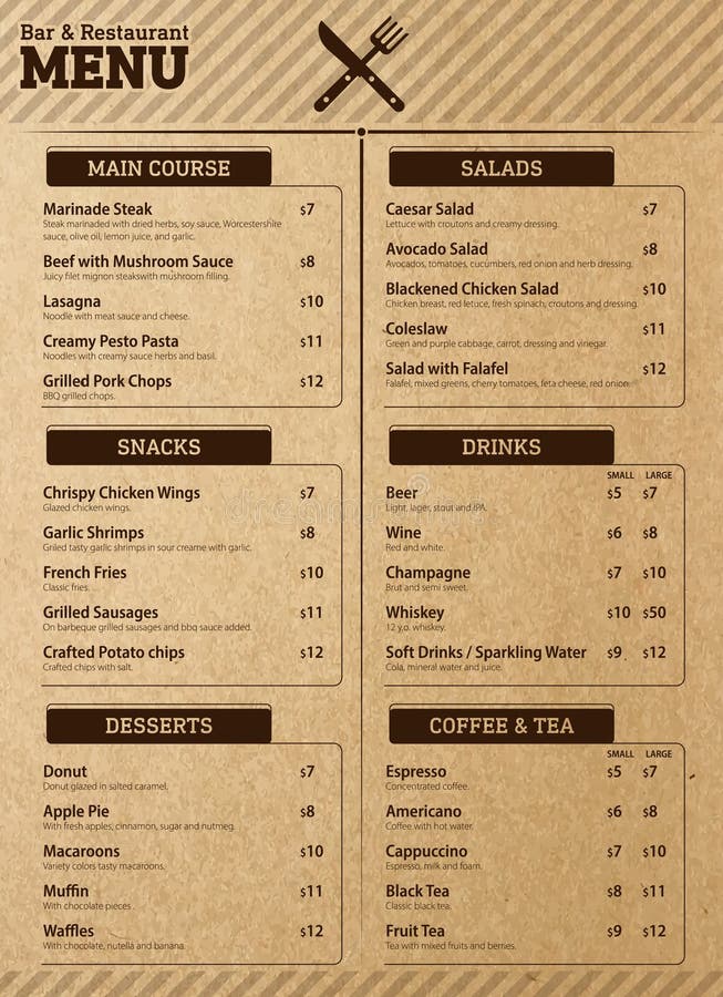 Bar and Restaurant Menu on Crafted Paper Stock Vector - Illustration of ...