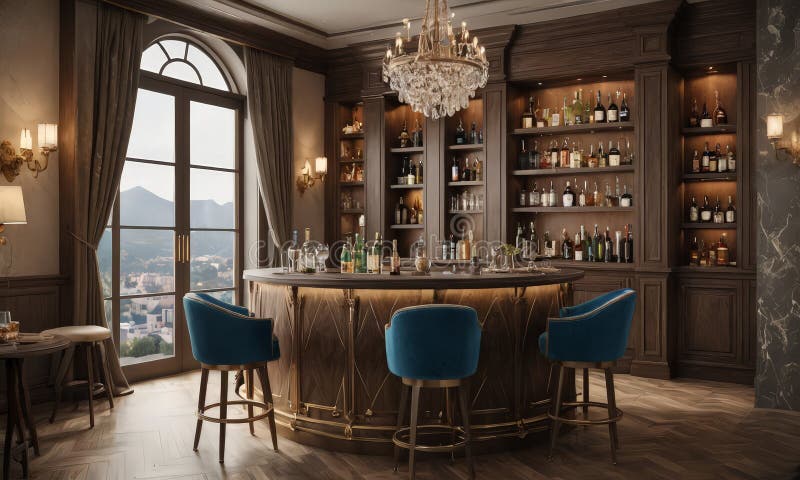 Bar with Round Table and Blue Chairs Stock Illustration - Illustration ...