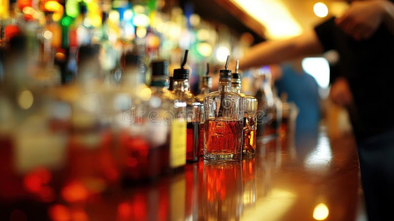 A Bar Scene Featuring an Array of Alcohol Bottles Neatly Arranged, with ...
