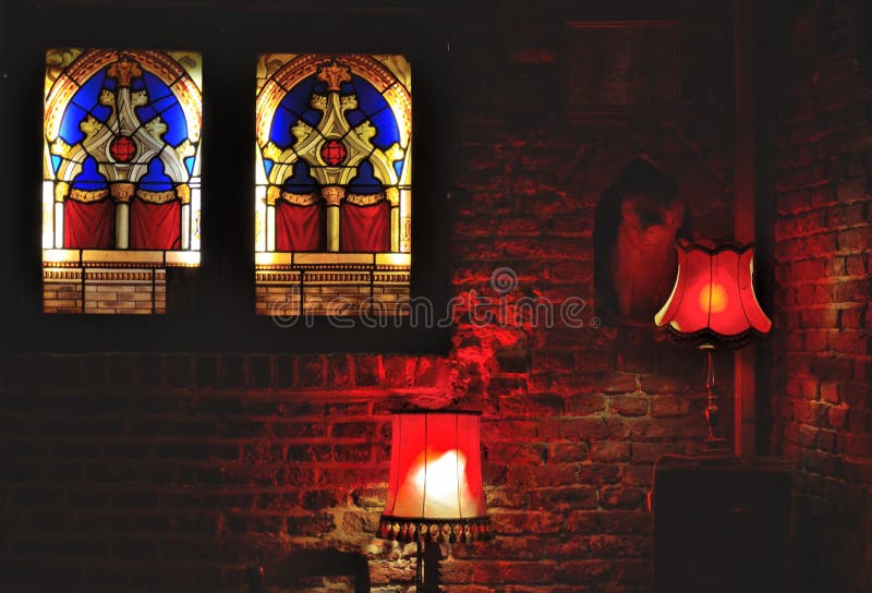 Bar Scene, Lustres in Red and Glass Stained Window Stock Image - Image ...