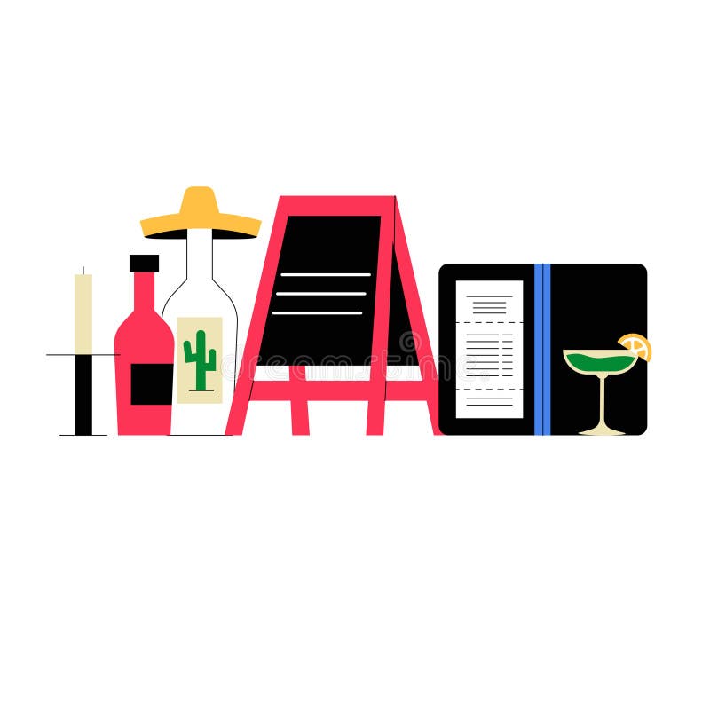 Bar Setup with Menu and Drinks in Flat Vector Illustration Symbolizing ...