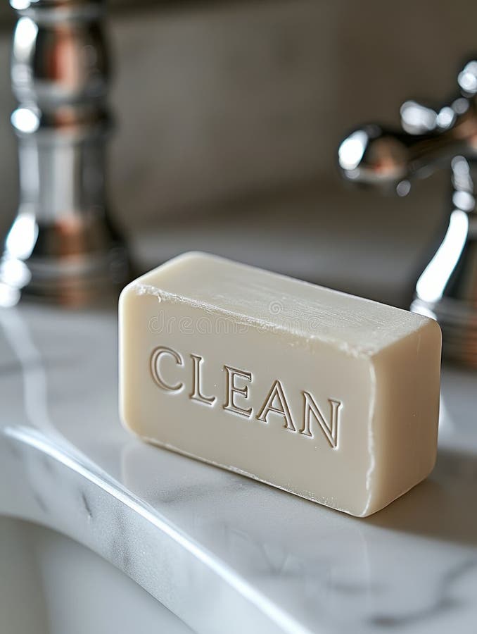 Bar of Soap Labeled Clean on a Marble Sink. Stock Photo - Image of ...