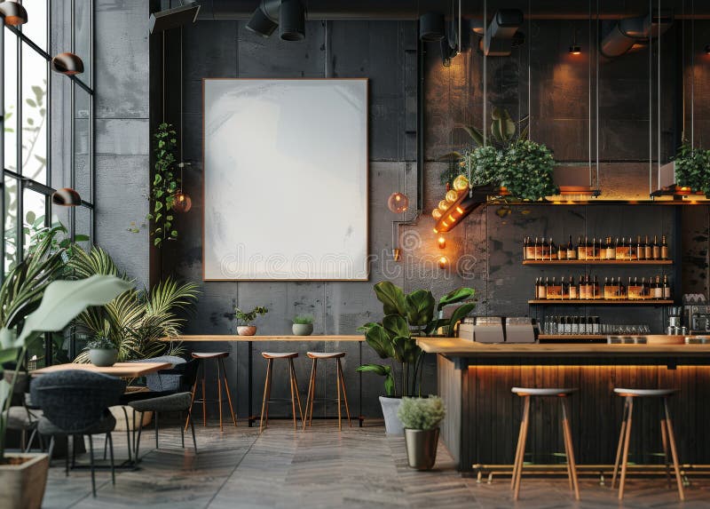 Bar with Stools and Large Poster Stock Image - Image of urban, modern ...