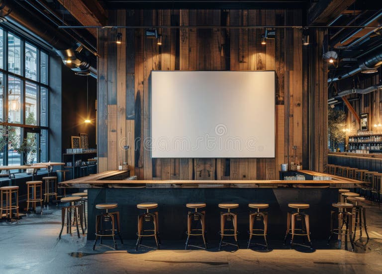 Bar with Stools and Large Poster on Wall Stock Image - Image of ...