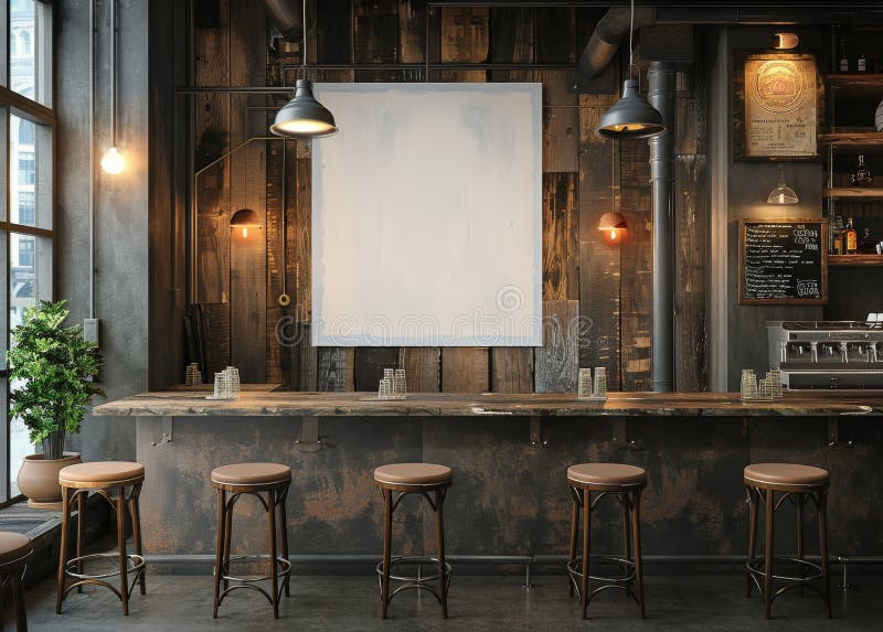 Bar with Stools and Large Poster on Wall Stock Photo - Image of wall ...