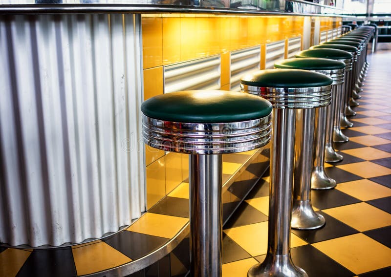 Old Fashioned Red Bar Stools in American Burger Retro Diner Restaurant ...