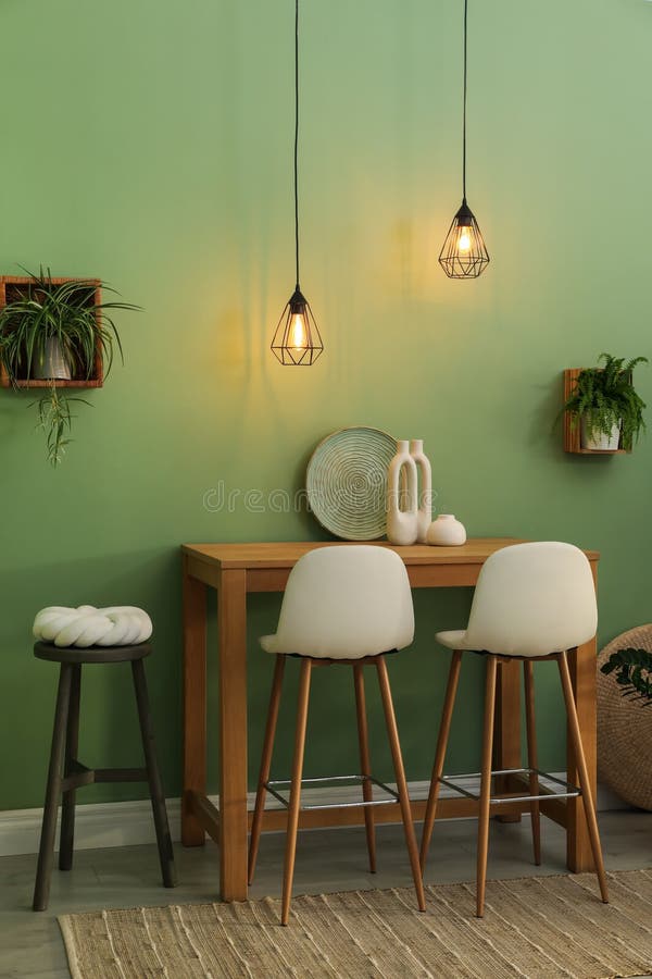 Bar Stools, Table and Plants in Room. Stylish Interior Design Stock ...