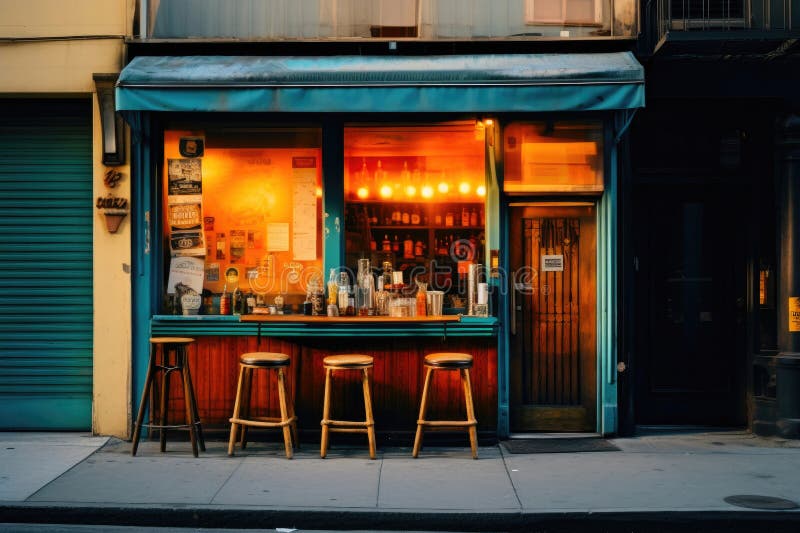 Bar and Store in NYC S Glow. Stock Illustration - Illustration of views ...
