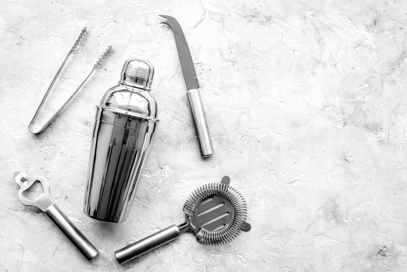 Bar Tools for Making Cocktails on Grey Stone Background Top View ...