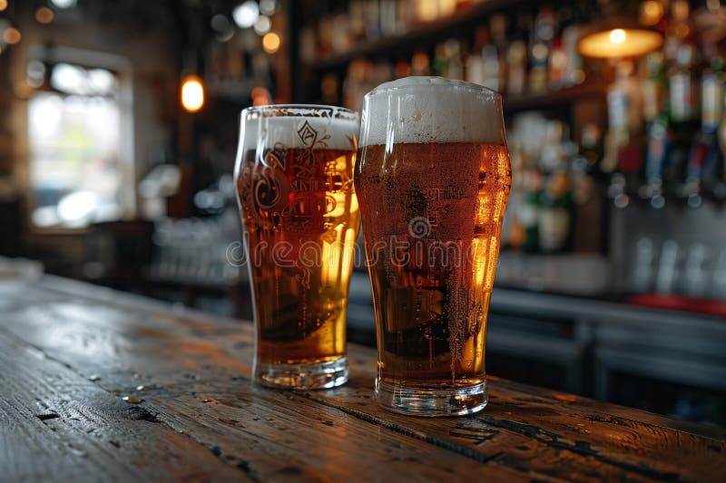 A Bar with Two Draft Beers Next To the Bar, High Quality, High ...
