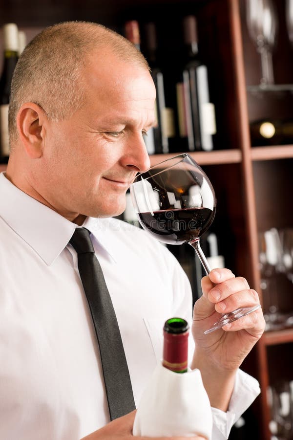 Bar Waiter Smell Glass Red Wine Restaurant Stock Image - Image of wine ...